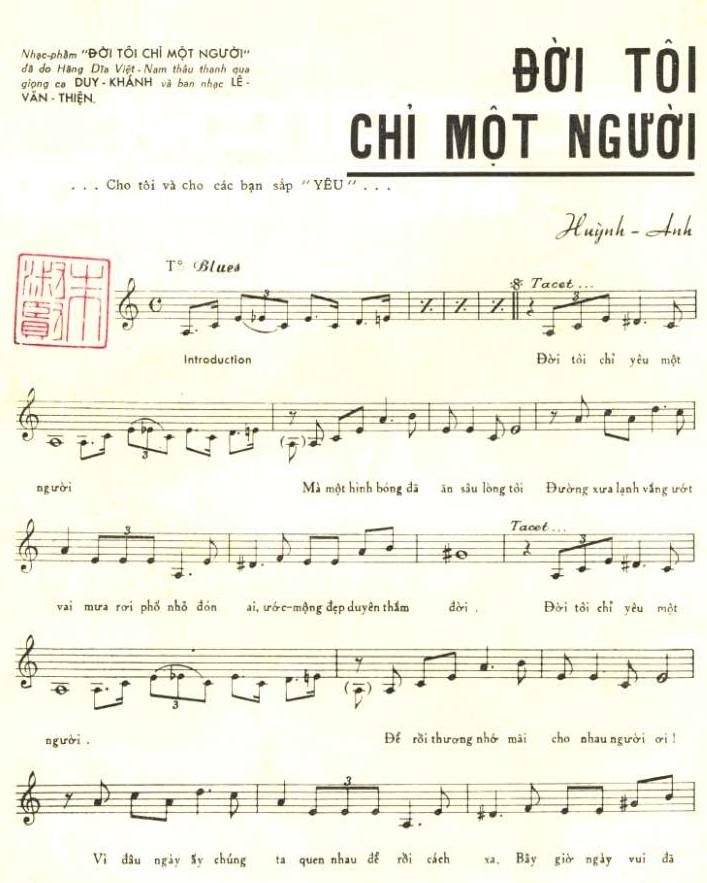 Sheet Nhạc Đời Tôi Chỉ Một Người - Huỳnh Anh - Cùng Tập Nhạc