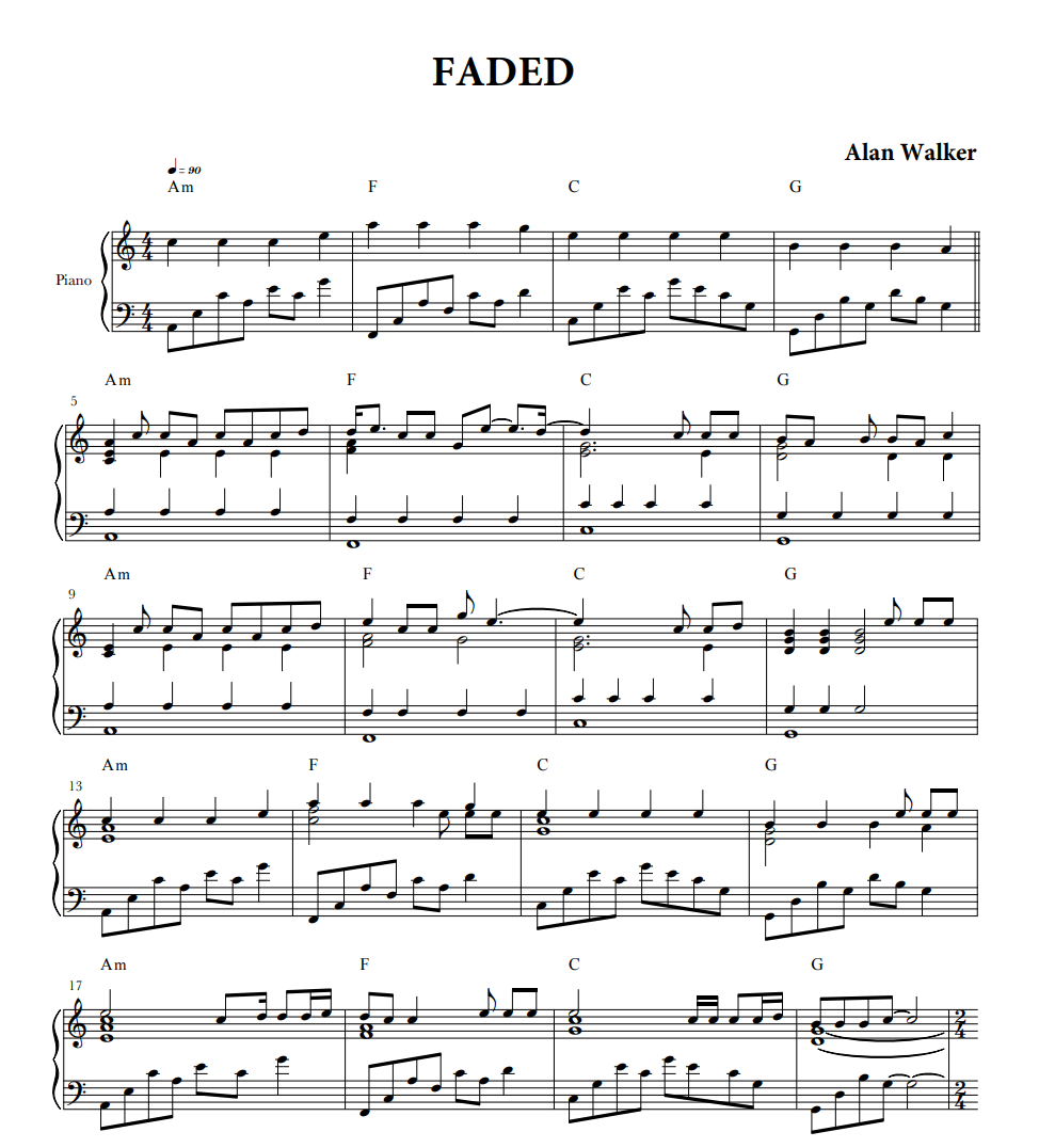 Sheet Nhạc Faded - Alan Walker - Cùng Tập Nhạc